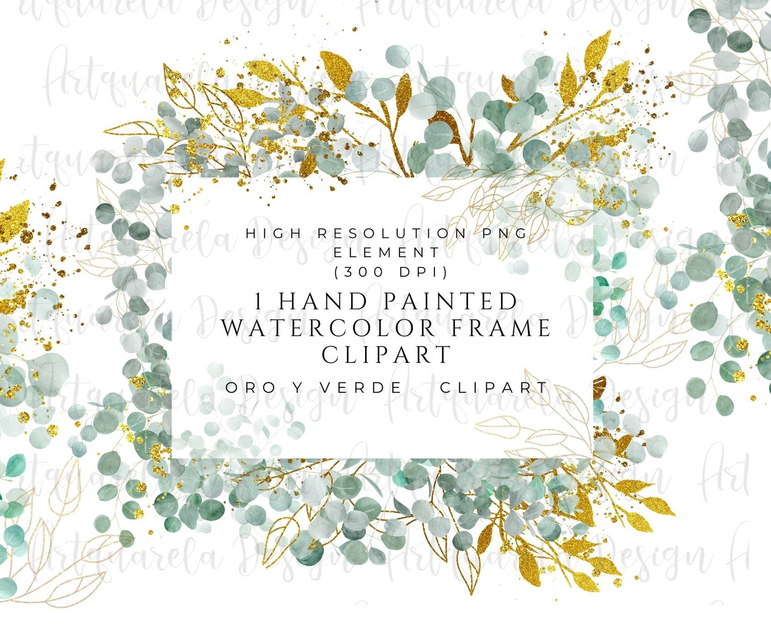Eucalyptus Frame Clipart Watercolor & Gold Eucalyptus Border - Etsy