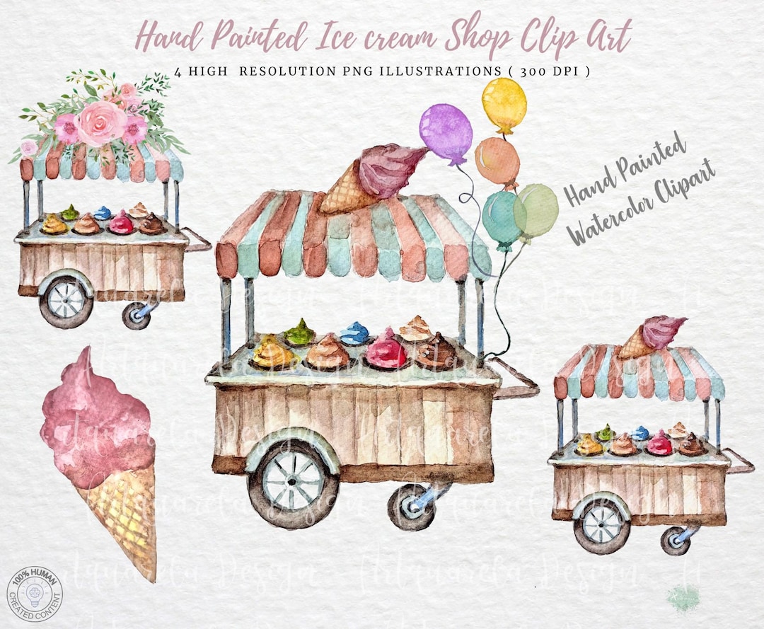 Hand Painted Watercolor Ice Cream Store Clip Art Png- Retro Ice Cream ...