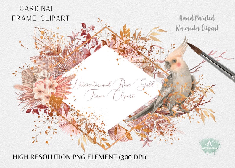 Cardinal Bird Floral Frame Clipart Rose Gold and Watercolor - Etsy
