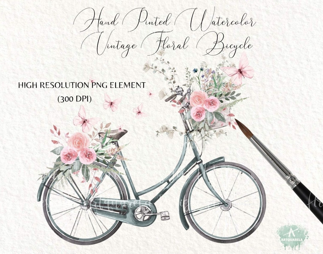 Watercolor Floral Bicycle Clipart: Vintage Bike With Roses (PNG Digital ...