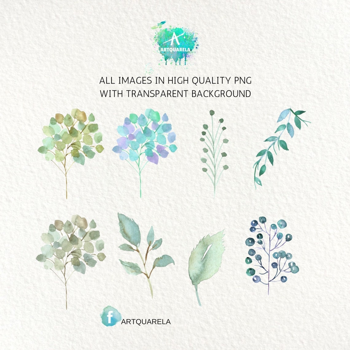 Watercolor Hand Painted Floral Clipart blue Leaves PNG | Etsy