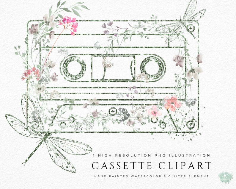 Cassette Tape Clipart Watercolor & Glitter PNG 80's Music - Etsy