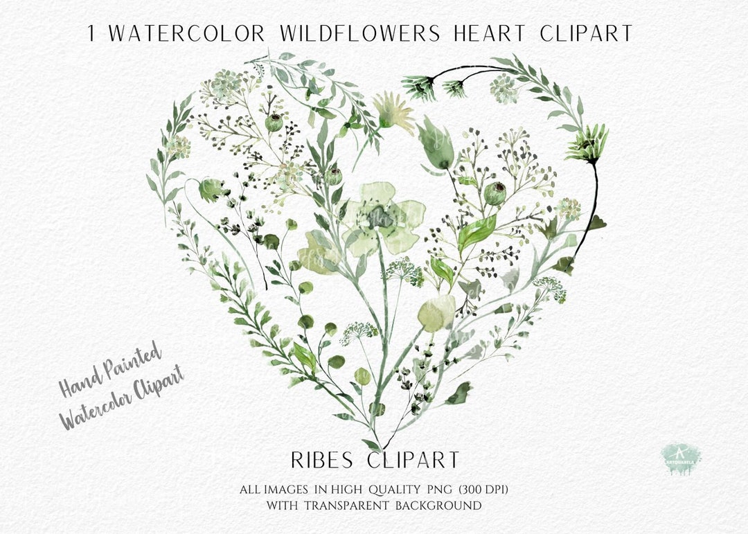 Hand Painted Watercolor Greenery Heart Clipart-wild Flowers Heart PNG ...