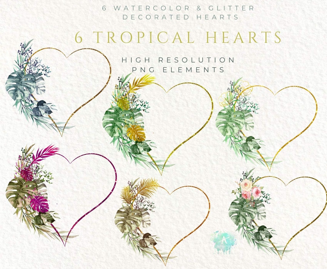 6 Tropical Tropical Hearts Clipart- Glitter Hearts With Tropical Leaves ...