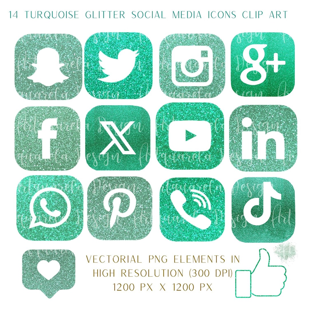 14 Glitter Turquoise Social Media Icons Clip Art- Social Media Buttons ...