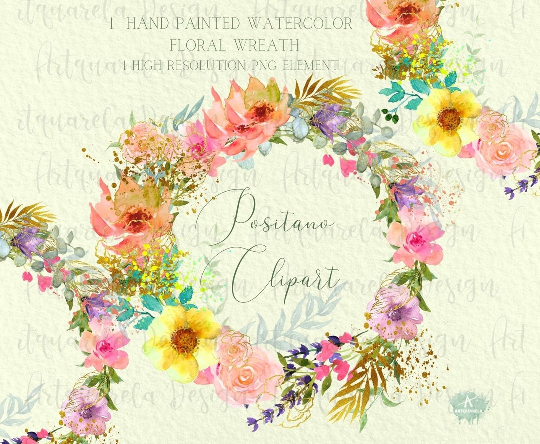 Bright Watercolor & Gold Foil Floral Wreath Colorful Floral Frame Clip ...