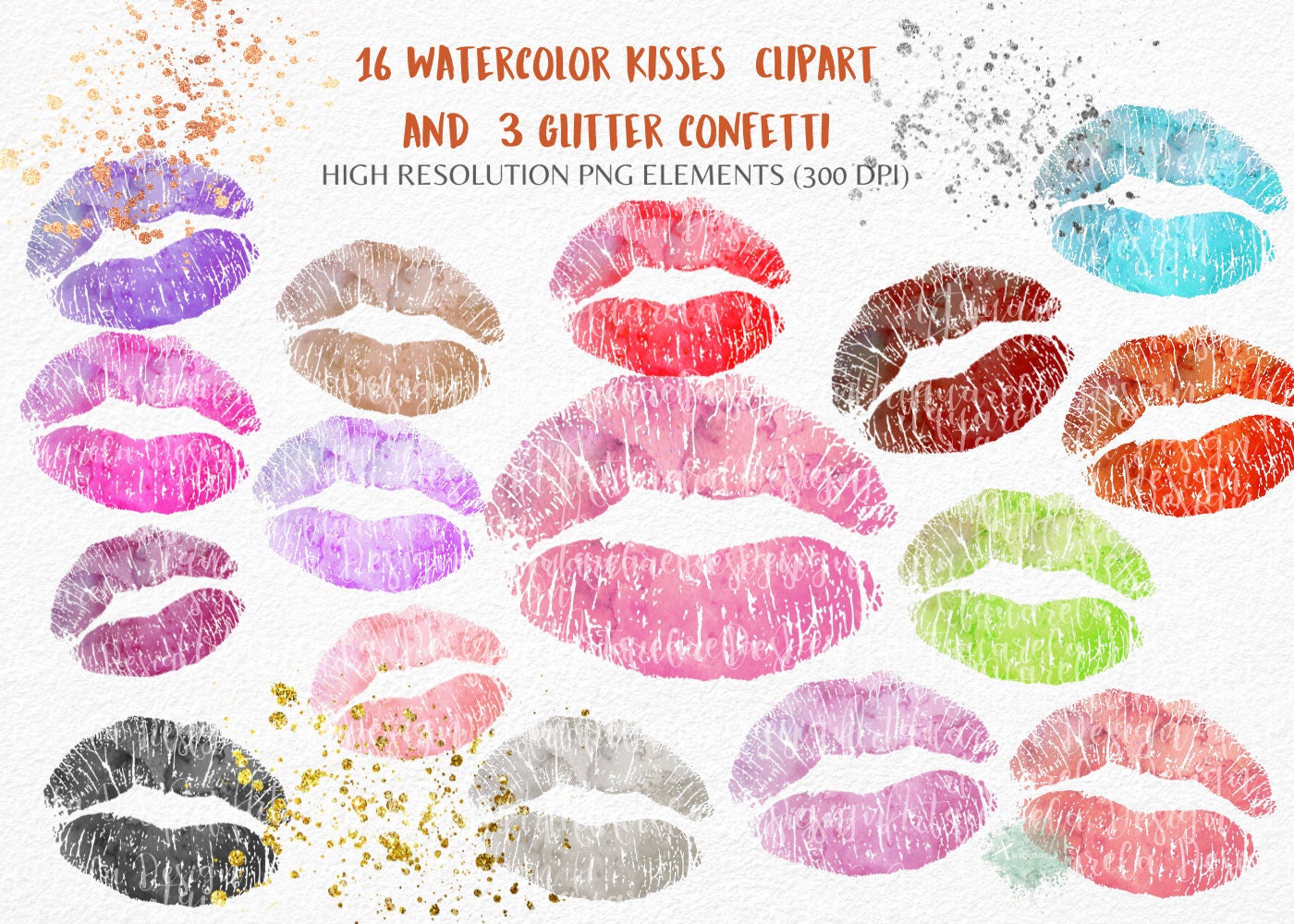 Kisses Watercolor Clipart-lips Print Png-valentines Day Clip - Etsy