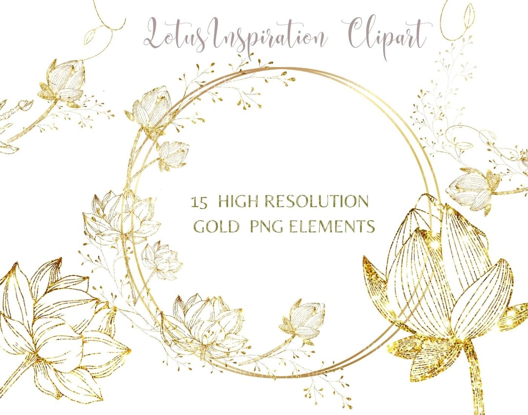 Gold Glitter Lotus Flowers Frames Clipart Set Gold Hand Drawn Lotus ...