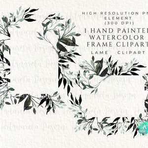 Black & Silver Foliage Premade Frame Clipart, Watercolor Black and ...