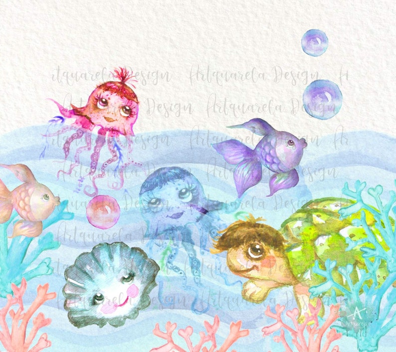 Sea Creatures Clipart Set hand Painted Watercolor Sea Animals - Etsy