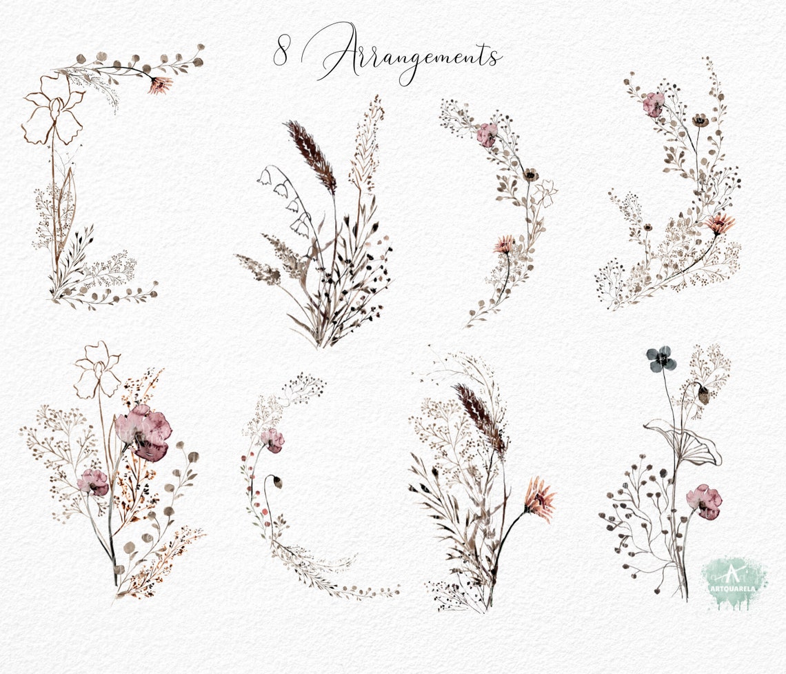 Watercolor Botanical Clipart Collection Pngframes Boho - Etsy