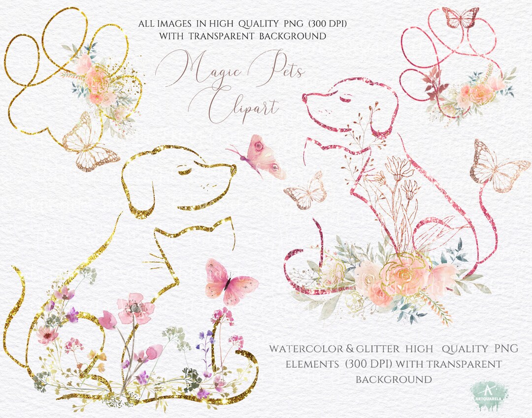 Pets Clipart, Paw Print Clip Art ,fine Line Gold Foil Cats Illustration ...