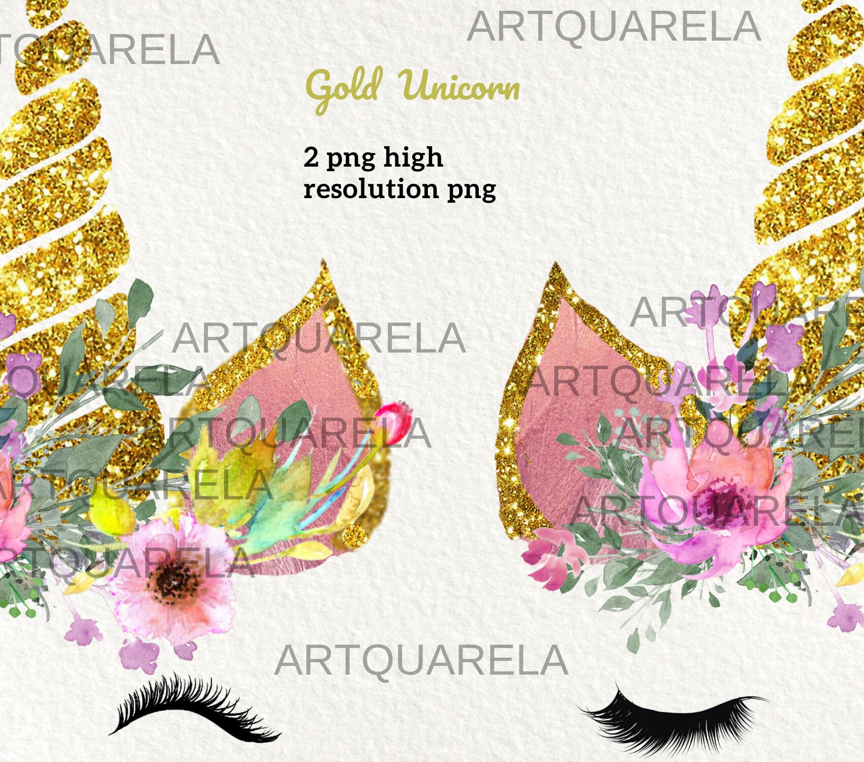 Unicorn Face Clipart , Gold Floral Unicorn PNG Instant Download Unicorn ...