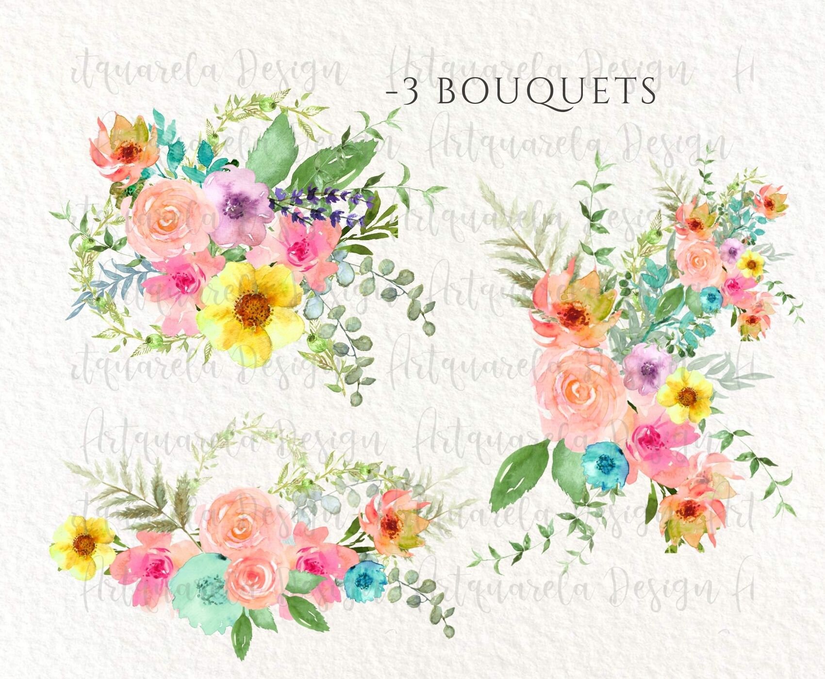 Bright Watercolor Flowers Clipart Colorful Flowers Bouquets | Etsy