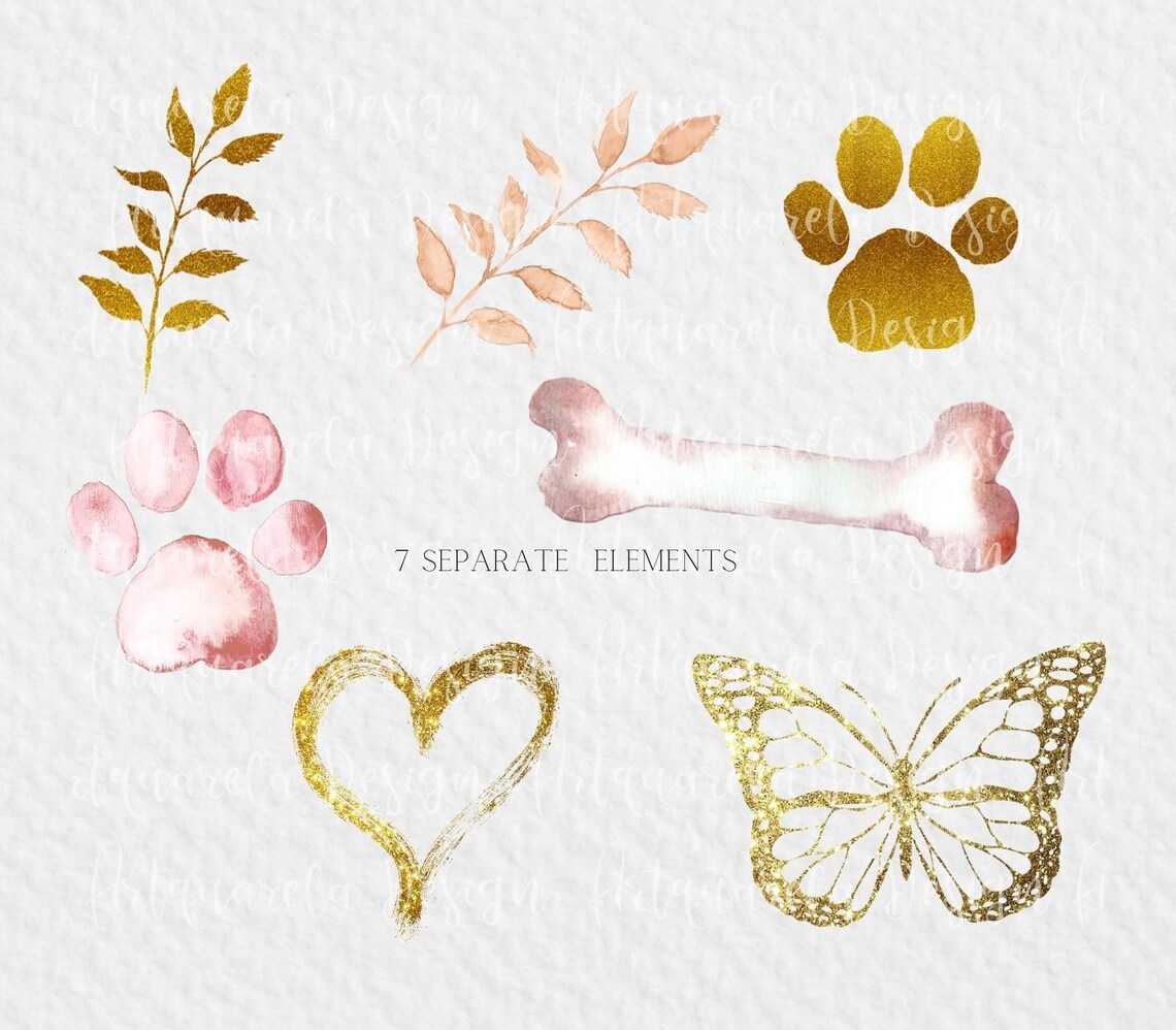 Paw Print Clipart Setcat Dog Paw Frame Watercolor & Gold Foil - Etsy