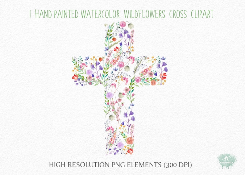Watercolor Floral Cross Clipart Hand Painted Wildflowers - Etsy