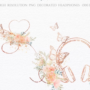 Rose Gold Hand Drawn Floral Headset Clipart Vector PNG Headphones ...