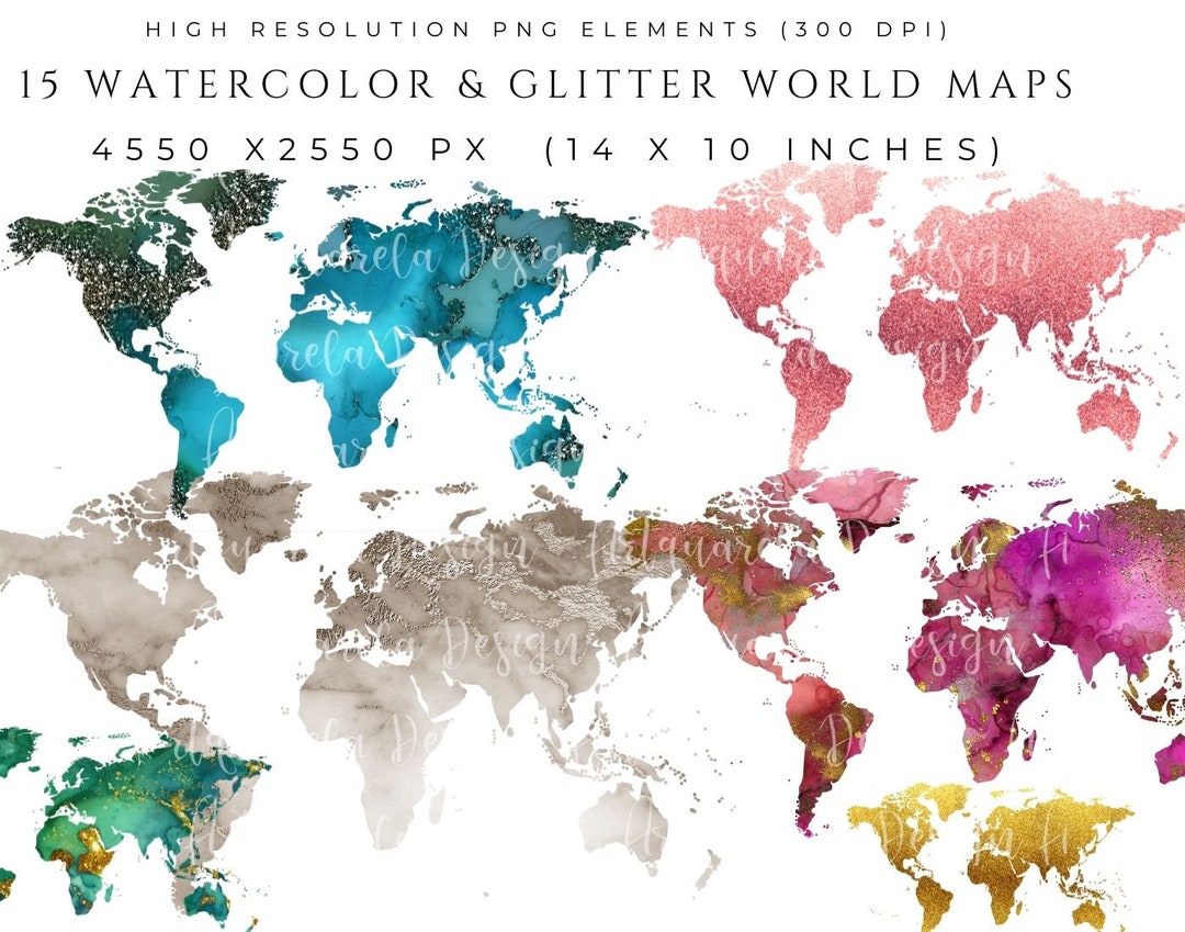 15 World Maps Clipart Watercolor and Glitter Maps Png Mapamundi Clipart ...