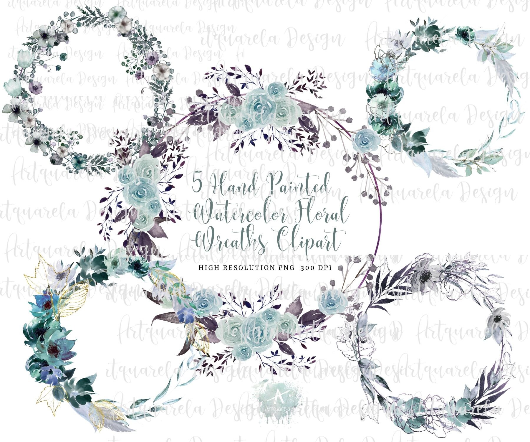 5 Blue floral wreathsWatercolor & glitter floral wreaths | Etsy