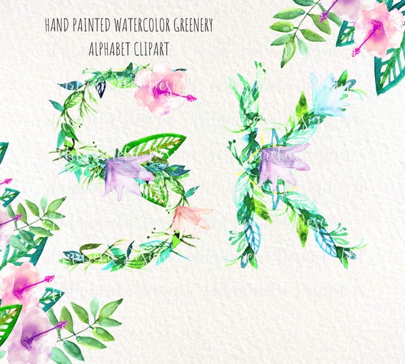 Watercolor Botanical Alphabet Clipart Greenery Initials | Etsy