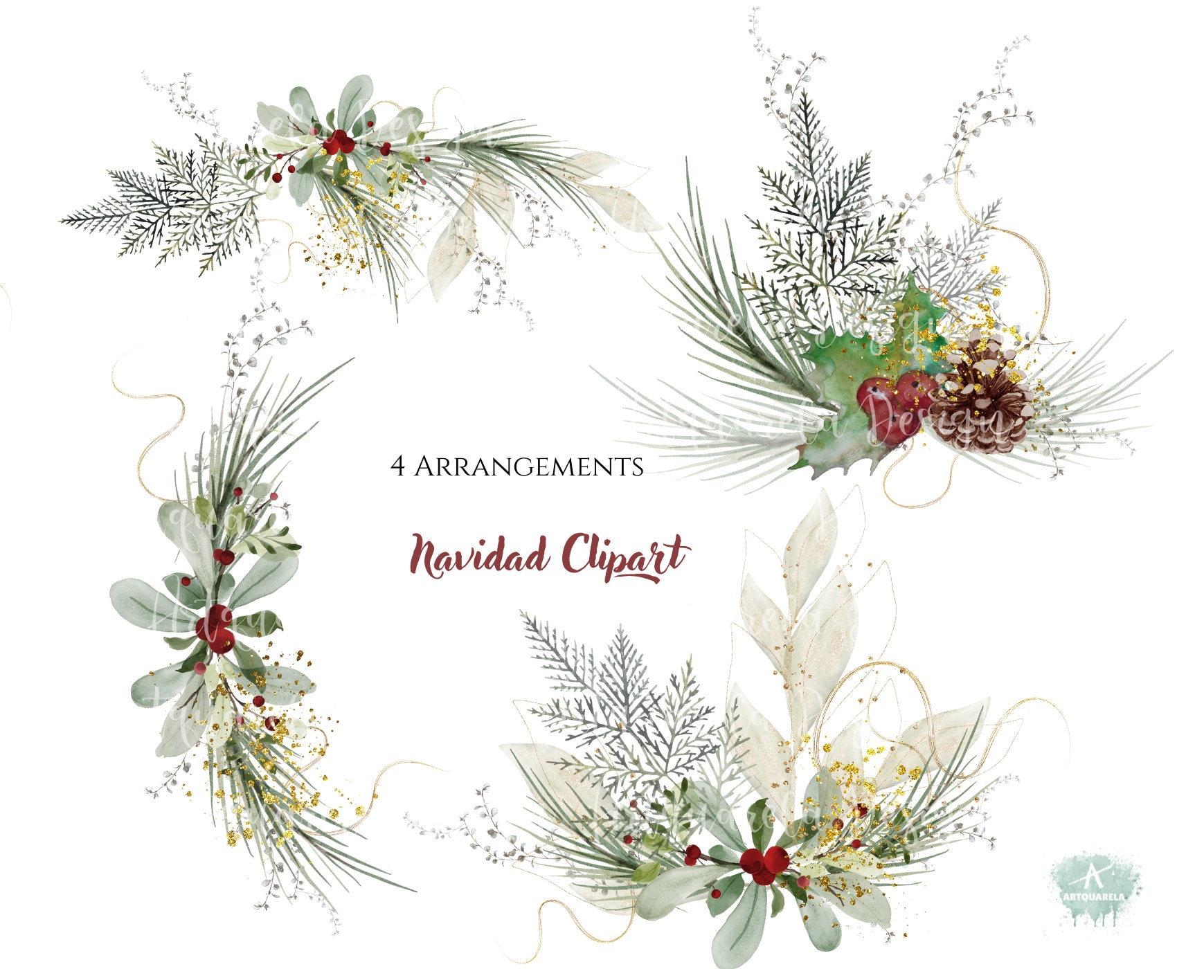 Watercolor Christmas Frames PNG Arrangements Clipart Wreath - Etsy