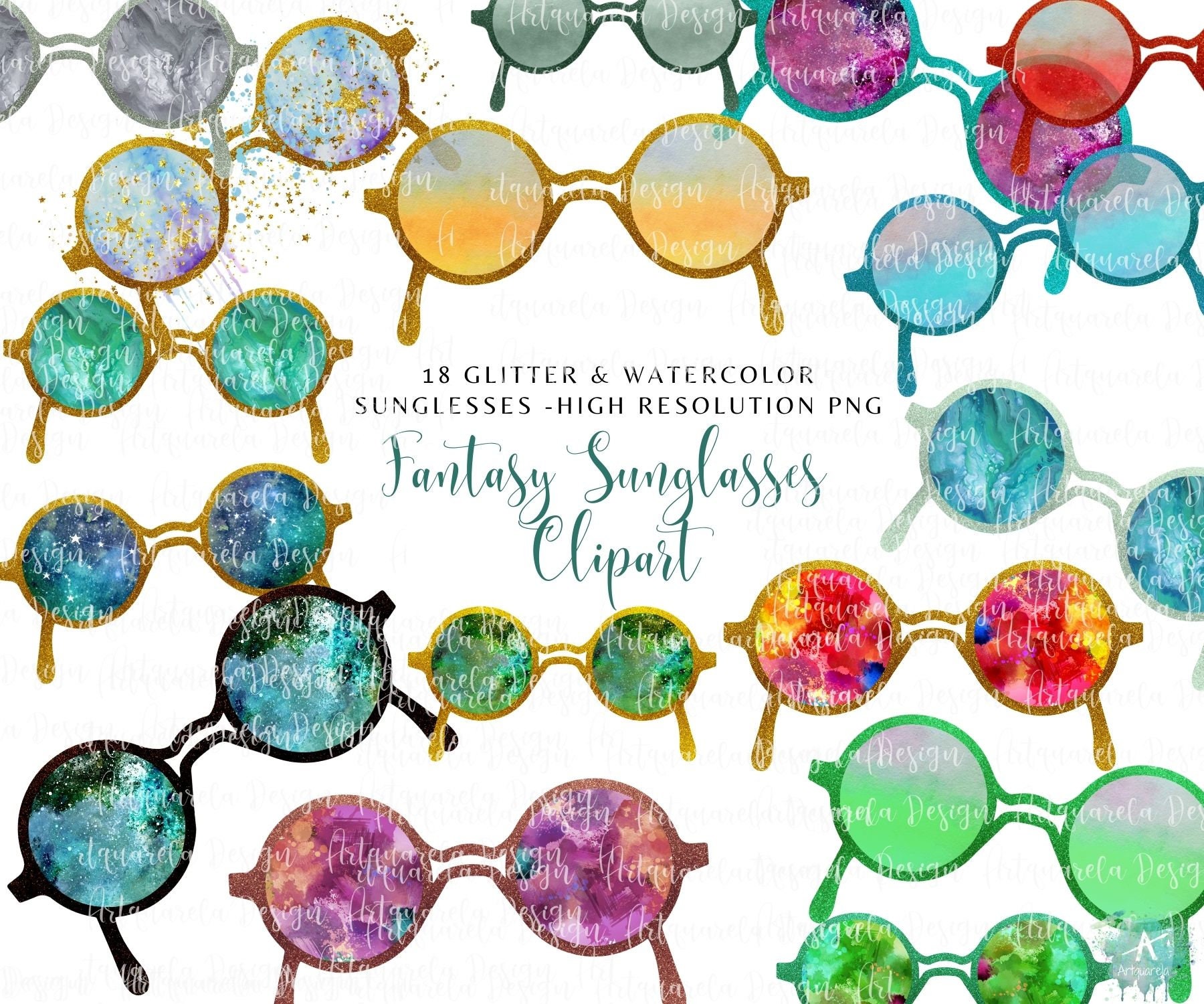 Sunglasses Clip Art Set Watercolor & Glitter Decorated | Etsy