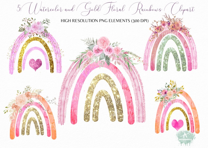 5 Watercolor and Gold Rainbows Clipartpink Peach Floral - Etsy