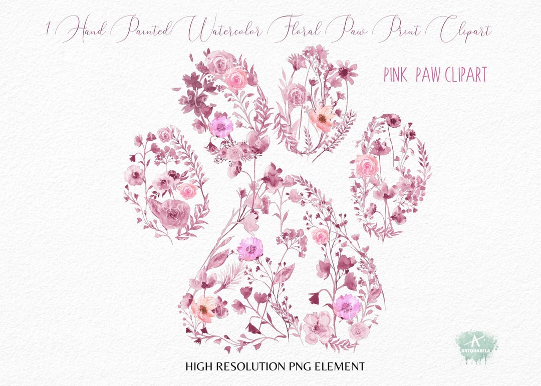 Paw Print Clipart-pink Floral Paw Print-vector PNG -watercolor Puppy ...