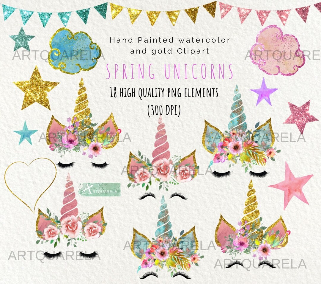 Unicorn Face Clipart Set,watercolor Pink Unicorn Png,floral Unicorn ...