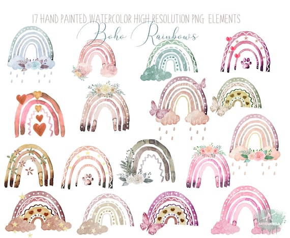 Watercolor Rainbow Clipart Decorated Boho Rainbowpastel - Etsy