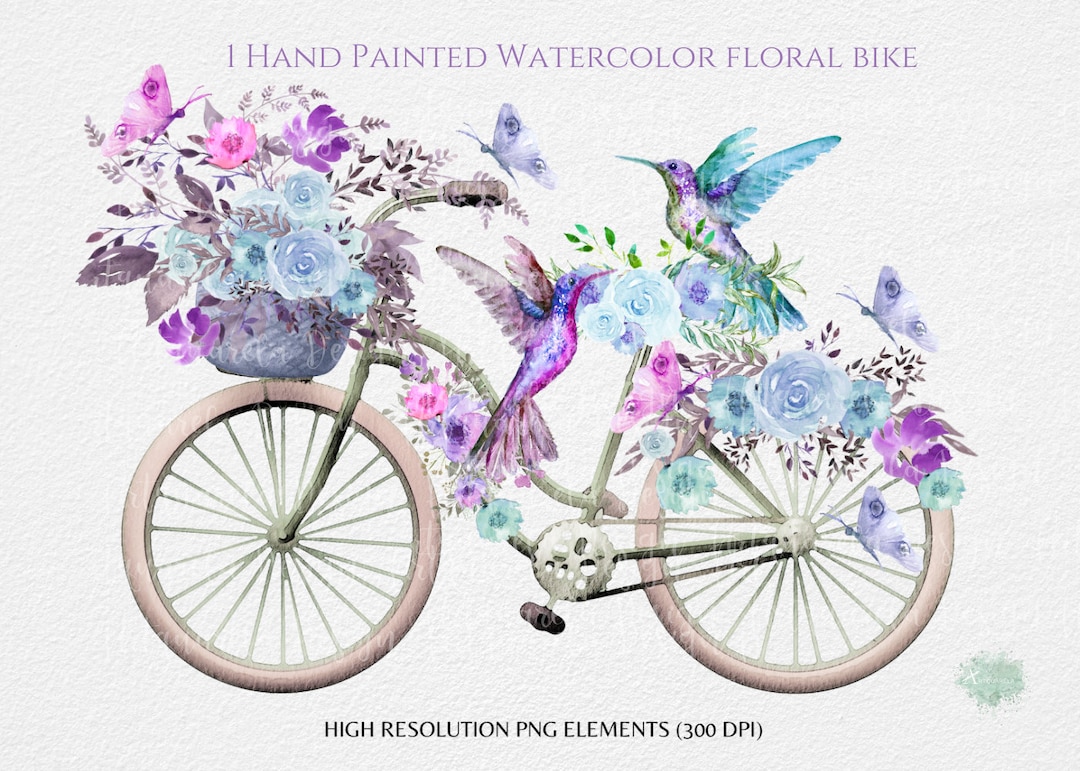 Watercolor Floral Bike Clipart: Vintage Bicycle With Hummingbirds (PNG ...