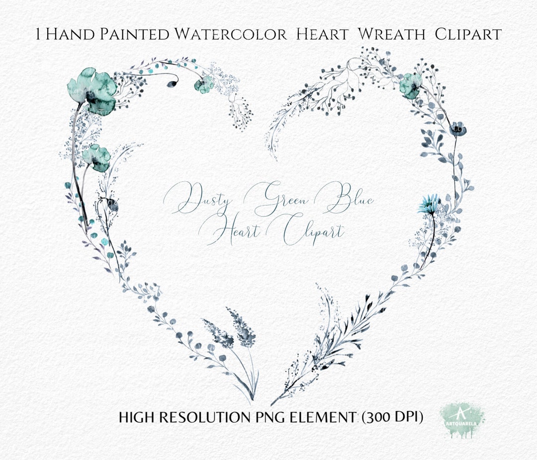 Dusty Green Blue Heart Wreath Clipart-blue Wildflowers Heart-watercolor ...
