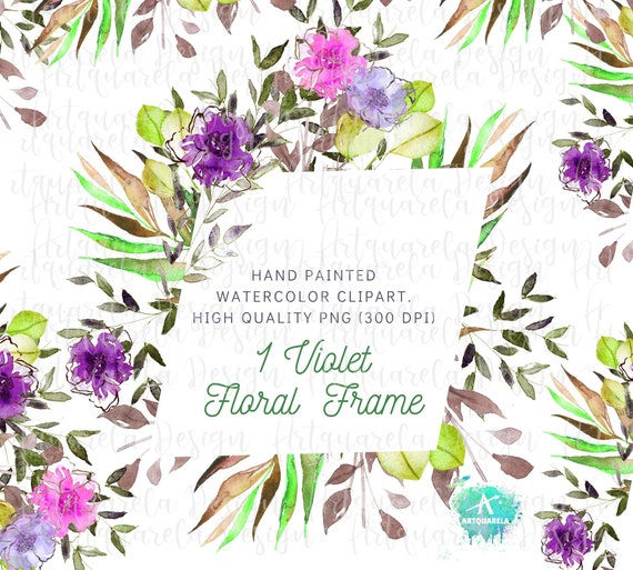 1 Watercolor Violet Floral Frame Greenery Floral Frame | Etsy