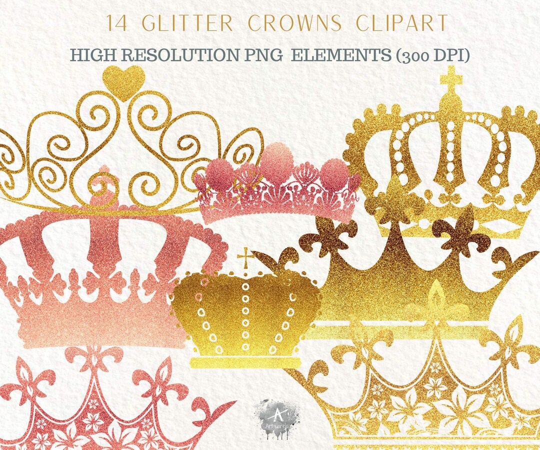 Rose Gold Foil and Gold Glitter Crown Clip Art Graphics, Jewel Tiara ...