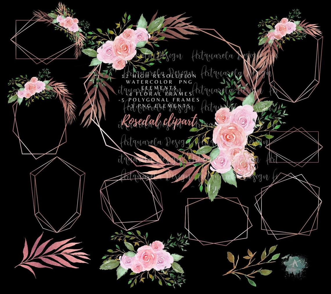 Rose Gold Frames clipart set Floral Roses frames Watercolor | Etsy