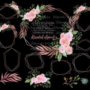 Rose Gold Frames Clipart Set Floral Roses Frames Watercolor Leaves Pink ...