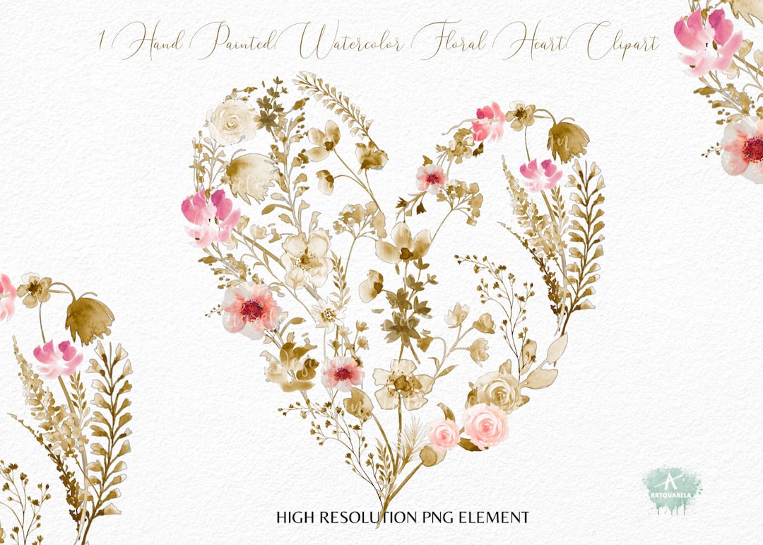 Watercolor Floral Heart Clipart Png-neutral Wild Flowers Love Heart ...