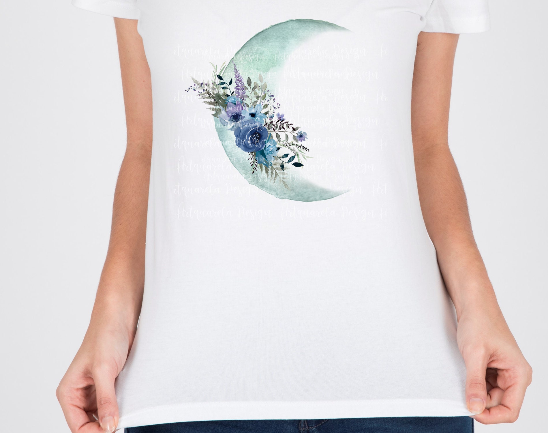 Floral Moon Phases Clipart-watercolor Light Blue Moon With - Etsy