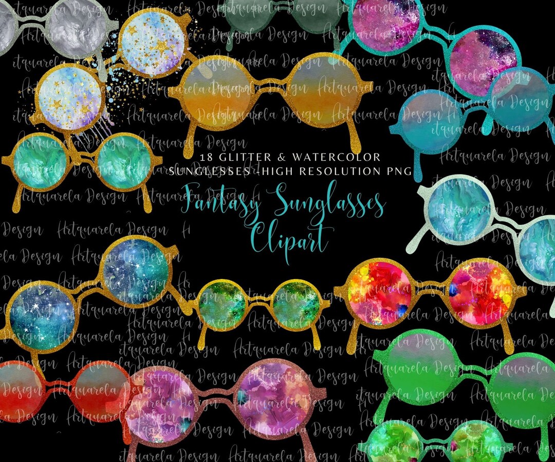 Sunglasses Clip Art Set, Watercolor & Glitter Decorated Sunglass ...