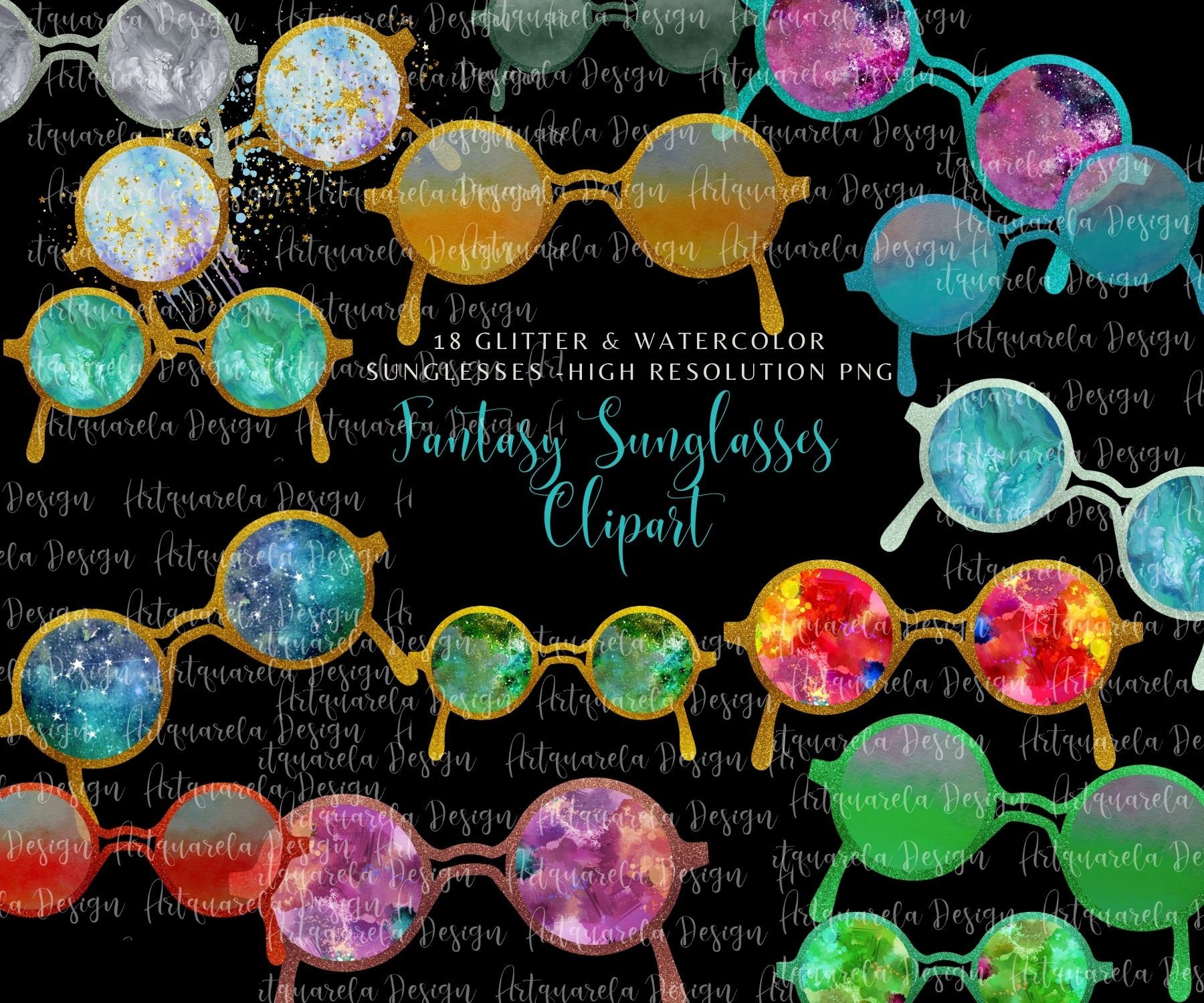 Sunglasses Clip Art Set Watercolor & Glitter Decorated | Etsy