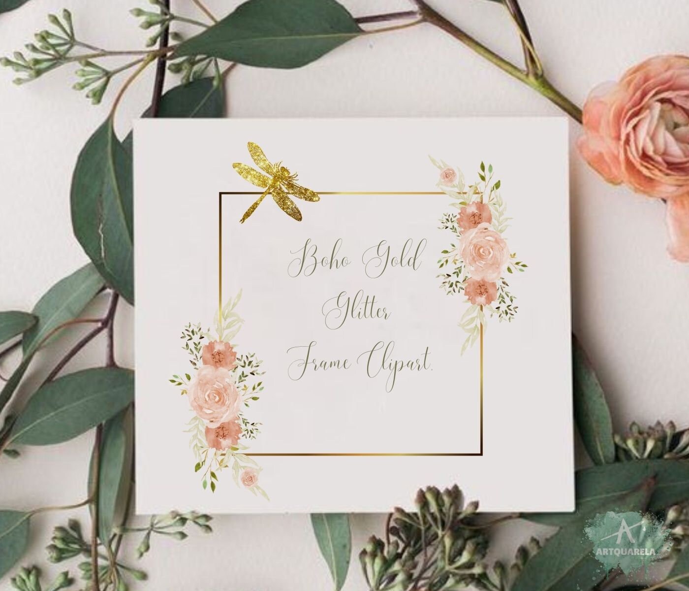 Boho Gold Glitter Floral FRAME CLIPART Hand Painted Roses - Etsy