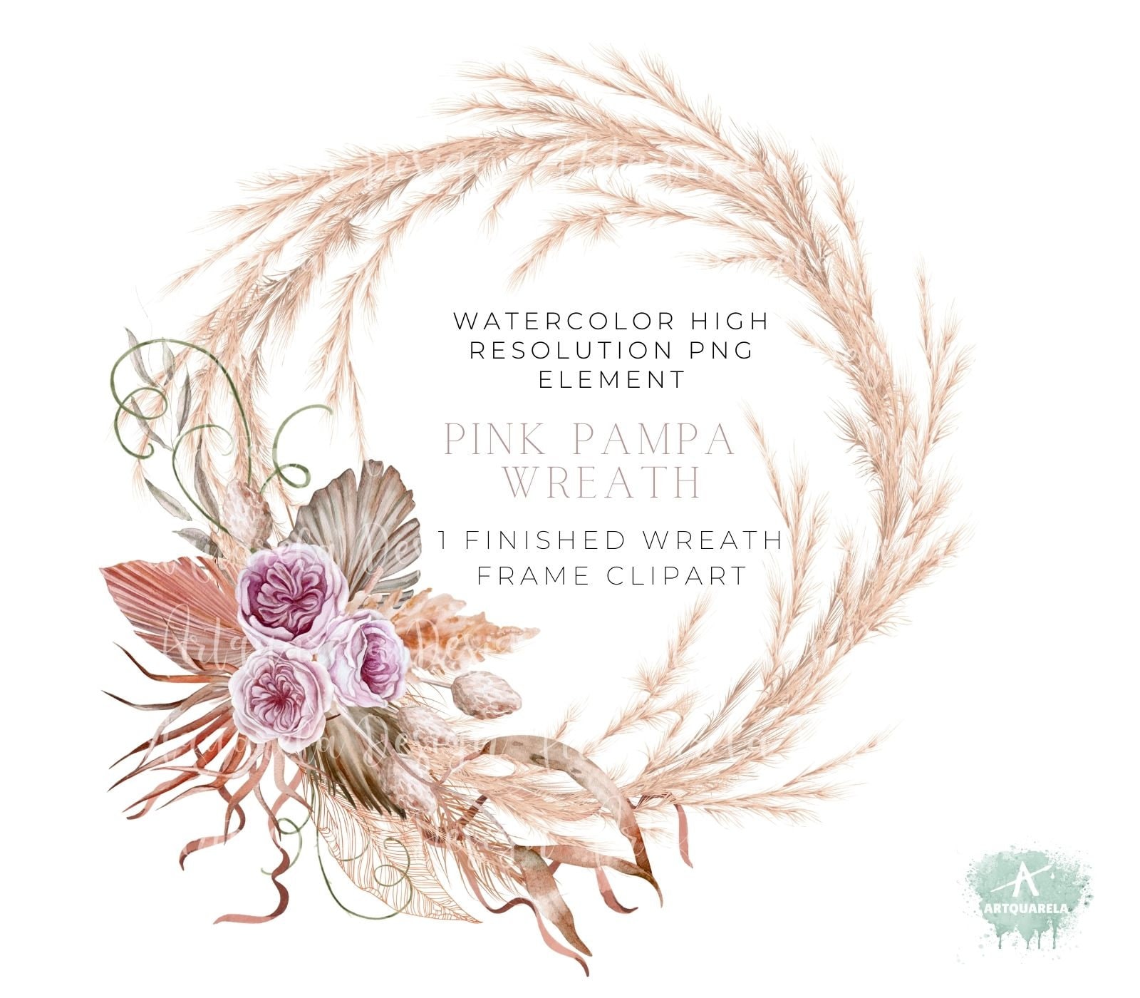 Pampas Grass Wreath Clipart Boho Frame PNG Watercolor Neutral - Etsy