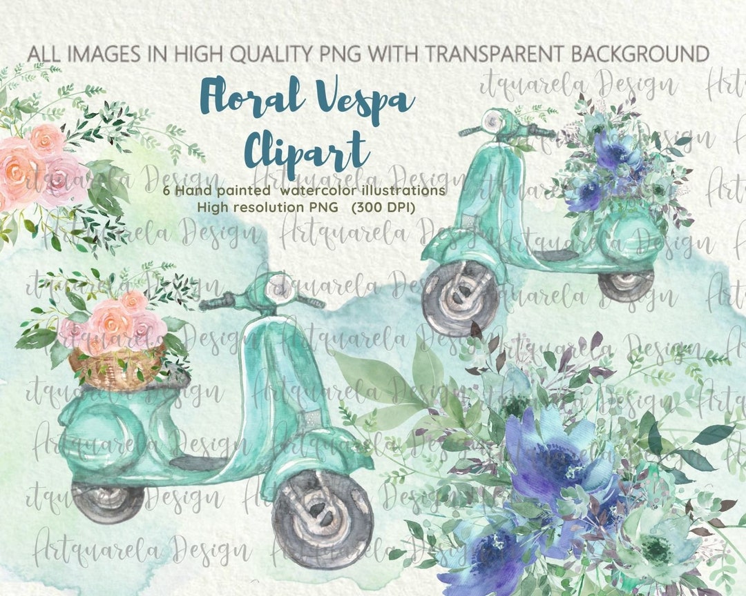 Retro Vespa Clipart,vintage Motorcycle Png,watercolor Turquoise Scotter ...