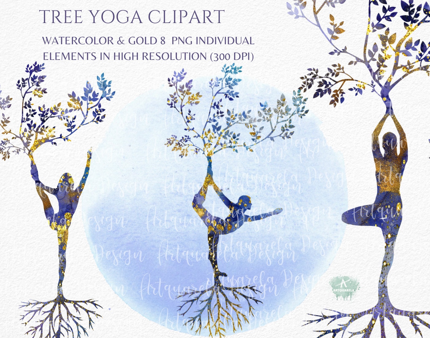 Tree Pose Yoga Silhouettes Clipart 8 Blue Watercolor & Gold - Etsy