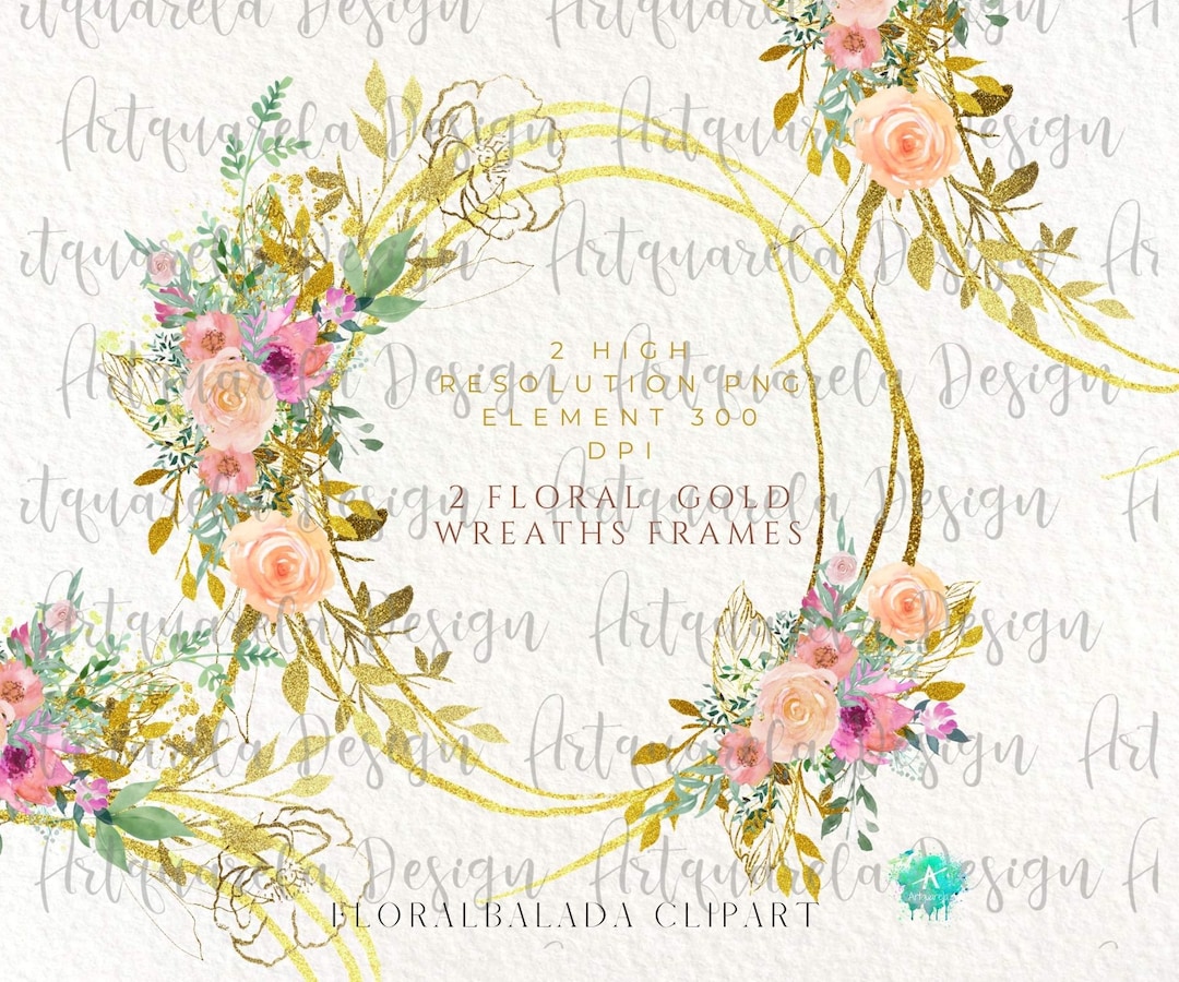 2 Gold Floral Wreaths Frames Clipart,hand Drawn Embellished Oval ...