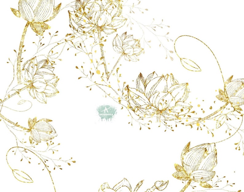 Gold Glitter Lotus Flowers Frames Clipart Set Gold Hand Drawn - Etsy