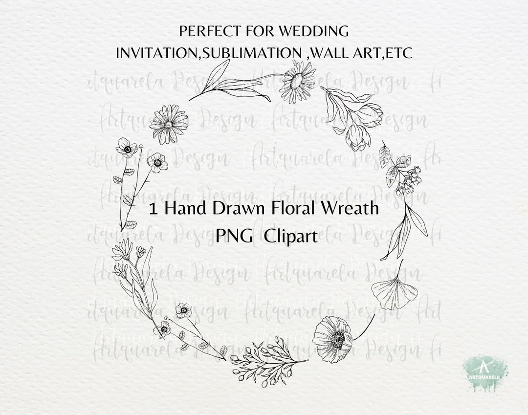 Flowers Hand Drawn Line Art Wreath PNG Organic Botanical Outline Wreath ...
