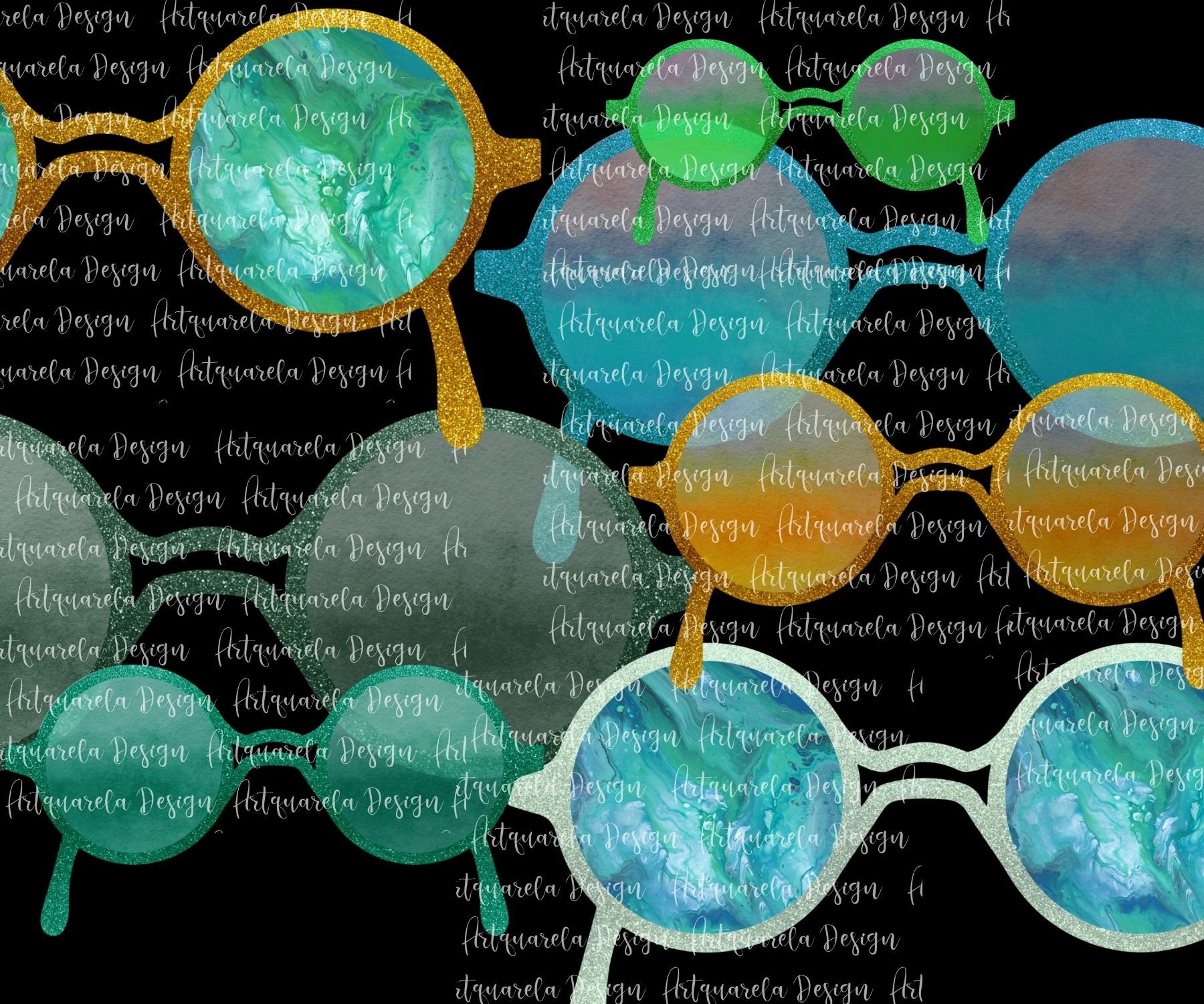 Sunglasses Clip Art Set Watercolor & Glitter Decorated | Etsy