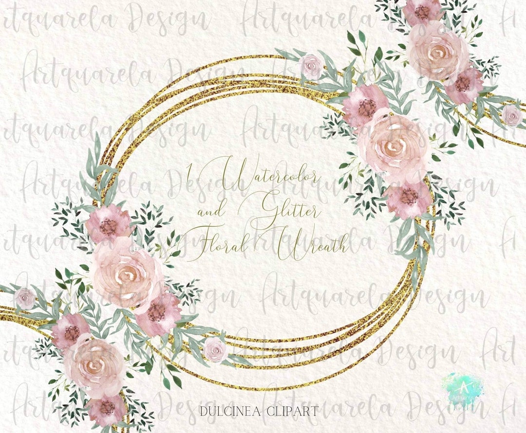 Watercolor Pastel Pink & Gold Floral Wreath CLIPART, Dusty Roses Frame ...