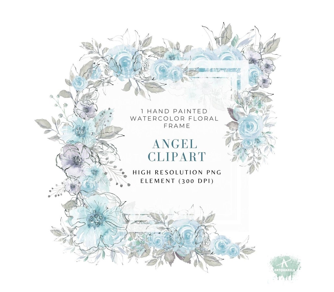 Light Dusty Blue Roses Frame Clipart, Hand Painted Watercolor Floral ...